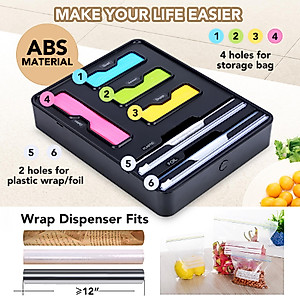 CiWiVOKi Storage Bag Organizer for Drawer, 6 in 1 Foil and Plastic Wrap Dispenser with Cutter, Plastic Kitchen Organizers and Storage for Sandwich Snack Gallon Quart Bags and 12" Aluminum Foil, Black