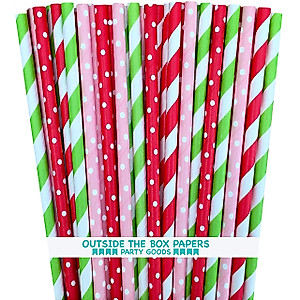 Outside the Box Papers Strawberry Shortcake Theme Polka Dot and Striped Paper Straws 7.75 Inches 100 Pack Red, Pink, Lime Green, White