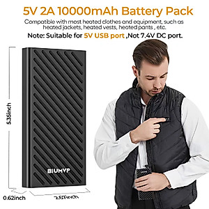 BIUMVP Heated Vest Battery Pack,10000mAh 5V 2A Power Bank Specially Designed for Heated Jacket, Heated Clothes,Heated Coat,Heated Pants.
