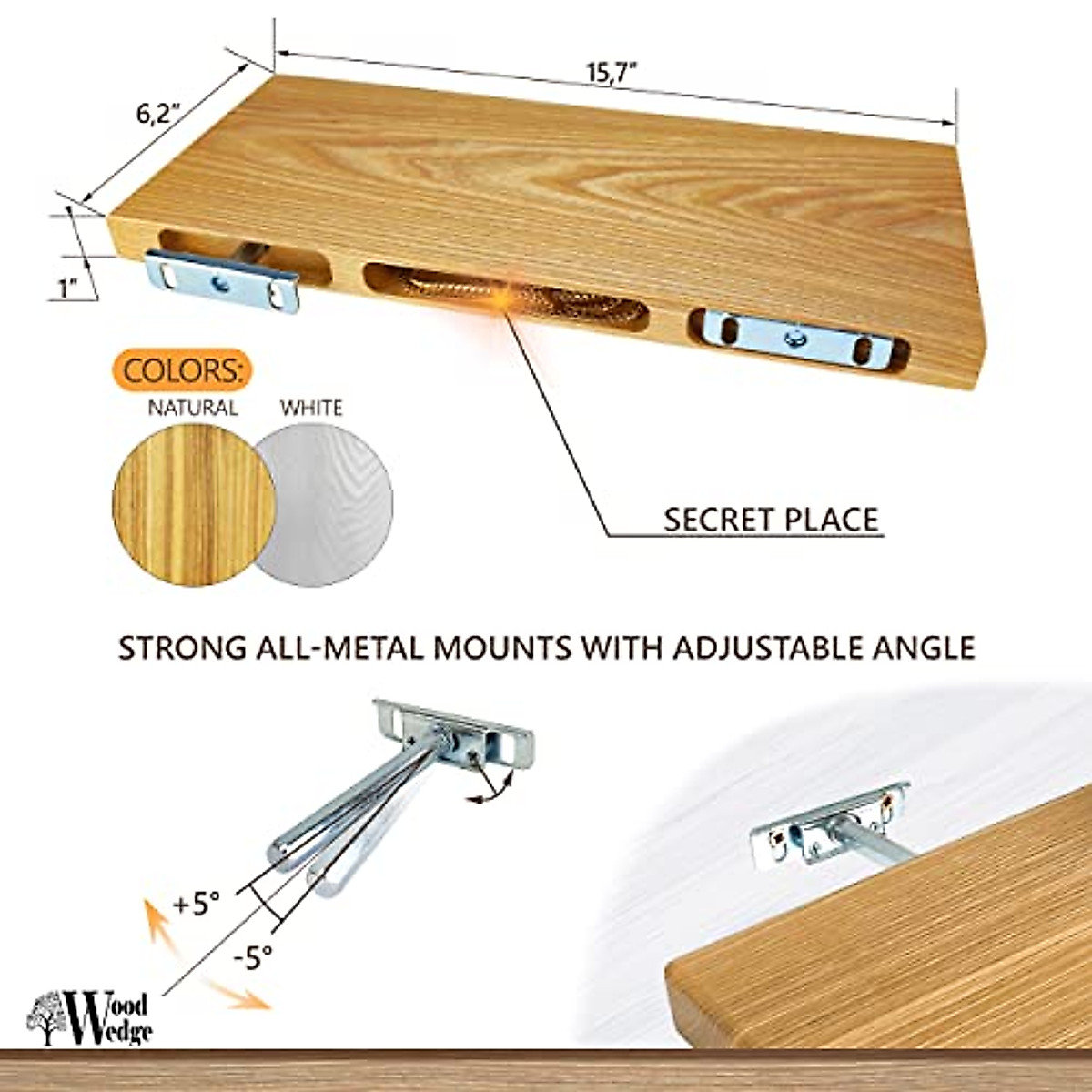 Wood Floating Shelves, 100% Ash Wood, Set of 2-Rustic Shelf 15.7" Wide Wooden Wall Shelves, Made in Europe, for Living Room Bedroom Kitchen Bathroom Farmhouse, Natural Color, 15.7"x 6.2"