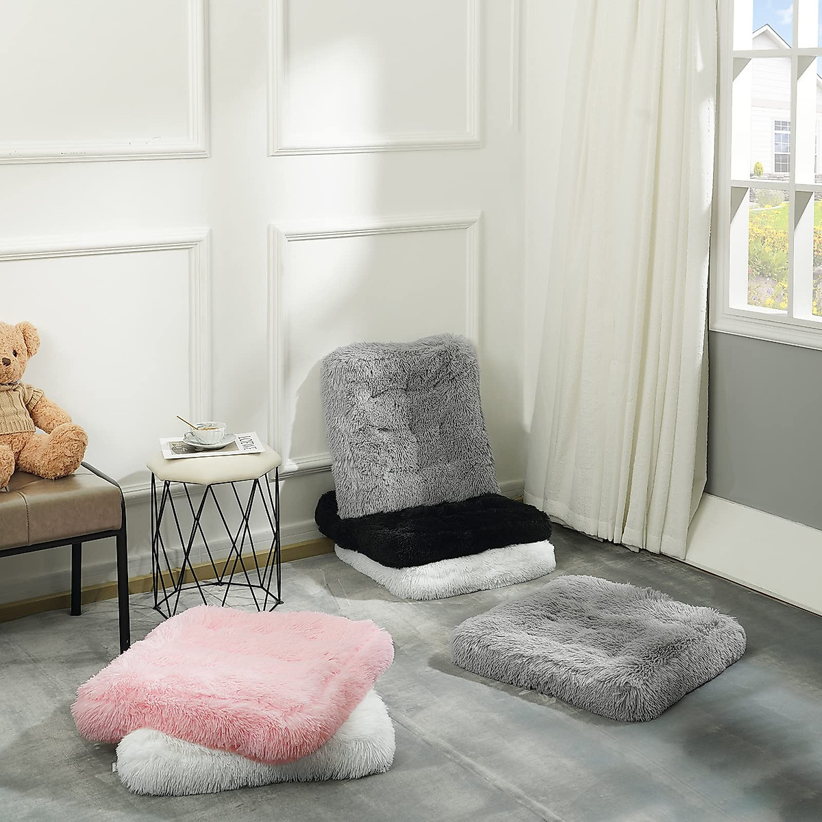 Espiraio Chair Cushion, Thick and Comfortable Seat Cushion Pads, Super Soft Plush Square Pillow, Shaggy Chair Cover Chair Pads Home Decor Stools Floor Cushion Pet Pad 20 × 20 Inch Black