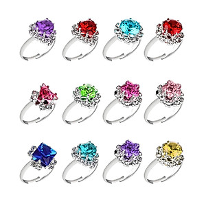 Hifot 12 pcs Girls Crystal Adjustable Rings, Princess Jewelry Finger Rings with Heart Shape Box, Girl Pretend Play and Dress up Rings for Children Kids Little Girls - Random