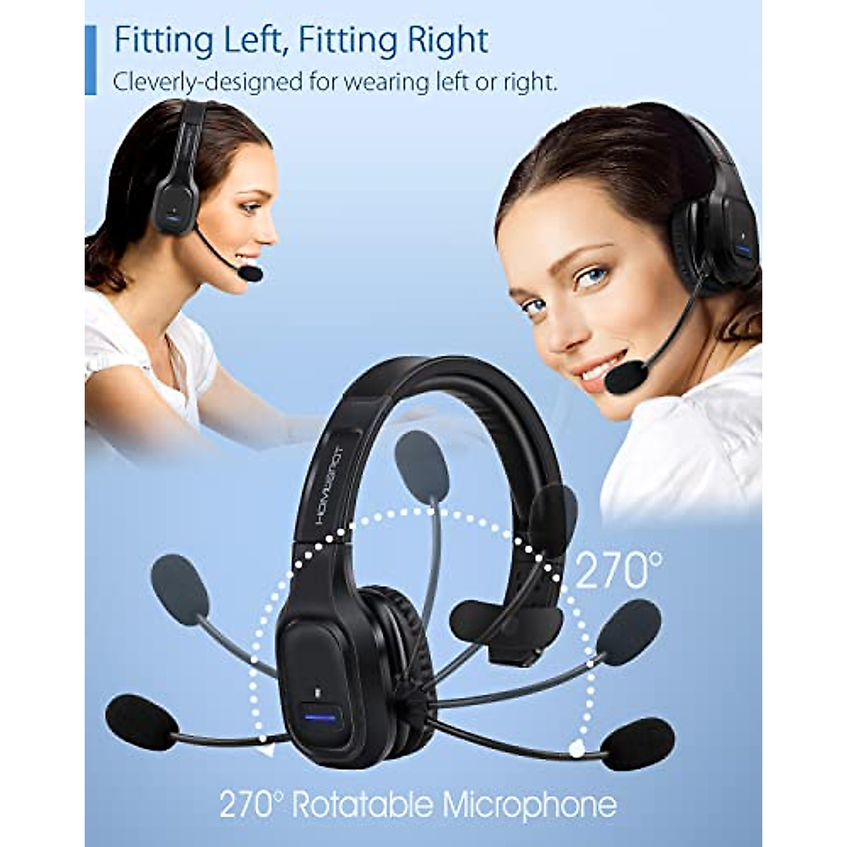 HomeSpot JM100 Trucker Bluetooth Headset with AI Noise Canceling, Wireless Headset with Rotatable Microphone and Big Mute Button, 34 Hrs Talk Time for Trucking, Home Office, Call Center