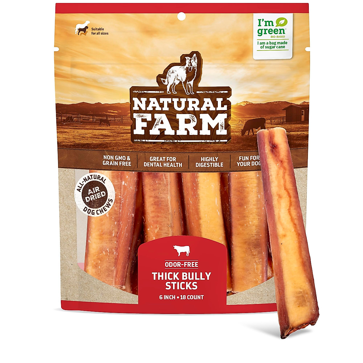 Natural Farm Odor-Free Thick Bully Sticks (6”, 18-pack) ALL-NATURAL Long-Lasting Dog Chews, 100% Beef Pizzle, Grass-Fed, Grain-Free, Protein for Muscle Development & Energy, Perfect For Medium Chewers