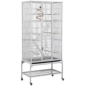 Topeakmart Birds Cage with Extra Large Space for Small Birds Like Lovebirds Parakeets Cockatiels ect, Mobile Bird Cage for Conures, Large Rolling Metal Cage with Detachable Stand, White