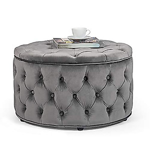 Homebeez Round Velvet Storage Ottoman, Button Tufted Footrest Stool Coffee Table for Living Room (Grey)