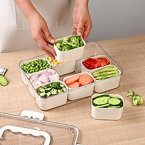 EUGRSHL Divided Serving Tray with Lid and Handle, Fresh Food Storage Container Organizer for Fruits, Vegetables, Salads, Meal Prep (White)