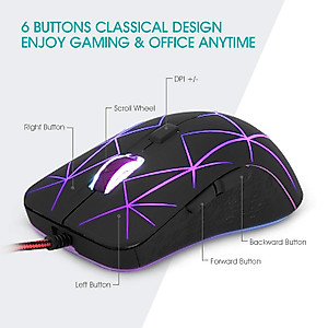 Rii RGB Wired Gaming Mouse, USB Optical Computer Mice with 6 Buttons,3200 DPI Adjustable,7 Color Backlit for Laptop PC Gamer Computer Desktop