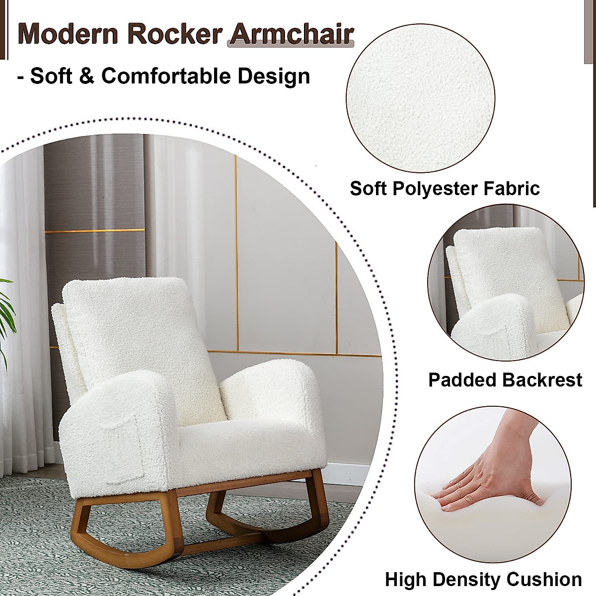 Antetek Modern Accent Rocking Chair, Upholstered Nursery Glider Rocker for Baby and Kids, Comfy Armchair with Side Pocket, Living Room Lounge Arm Chair with High Backrest (White)