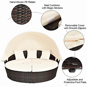 COSTWAY Patio Round Daybed with Retractable Canopy, Wicker Furniture Sectional Couch with Separate Cushioned Seats, Adjustable Table Top, Patio Rattan Daybed Sofa for Patio, Backyard, Poolside, White