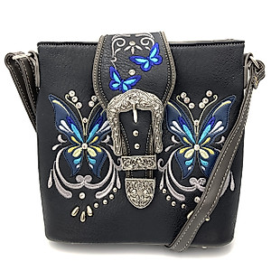 Justin West Floral Embroidery Butterfly Rhinestone Cross Stud Conceal Carry Handbag Purse (Black Messenger Only)