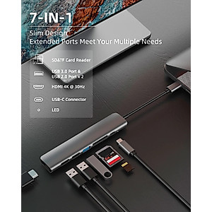 USB C Hub, Slim Aluminum Body, USB C Adapter, 7 in 1 with 4K HDMI Output, 1 USB 3.0, 2 USB-A, SD/TF Card Reader, 100W PD, USB C Dongle for MacBook Pro/ Air, iPad Pro, Dell XPS More Type C Devices