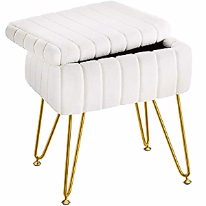 Greenstell Vanity Stool Chair Faux Fur with Storage, 15.7"L x 11.8"W x 19.4"H Soft Ottoman 4 Metal Legs with Anti-Slip Feet, Furry Padded Seat, Modern Multifunctional Chairs for Makeup, Bedroom White