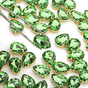 Choupee Sew On Rhinestone Tear Drop Crystal Rhinestones in Gold Setting 48 Pcs (Green, 13 X 18 MM)