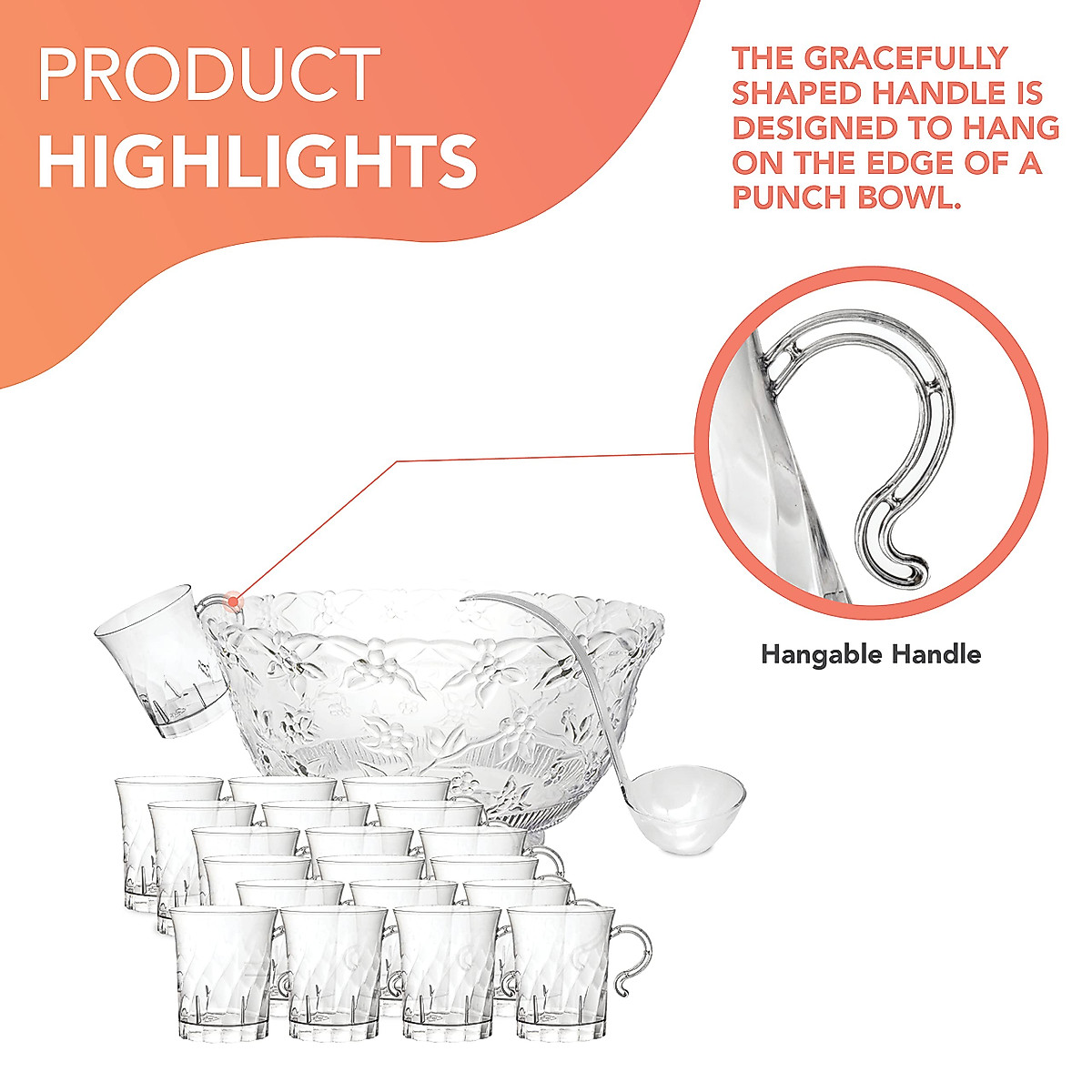 Party Essentials Plastic Punch Set with Ladle and Drinkware, Party Serveware for Cocktails, Fruit Punch, Tea, and Juices, Clear, 12 Qt Bowl + 20 Coffee Cups (8 oz.)