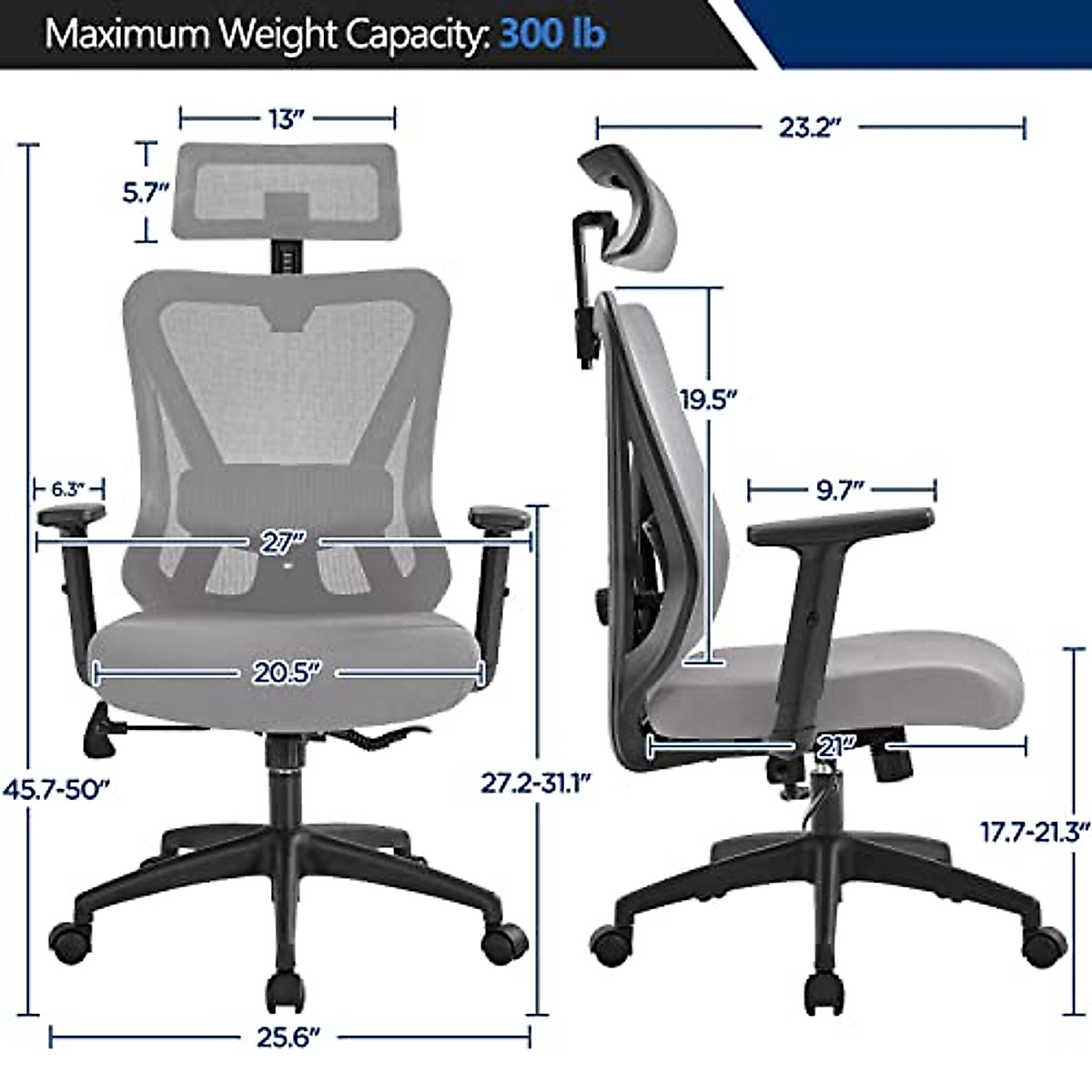 Yaheetech Office Chair Ergonomic Computer Desk Chair with Adjustable Lumbar Support Armrest and Headrest, Swivel Working Study Chair for Home Office, Light Grey