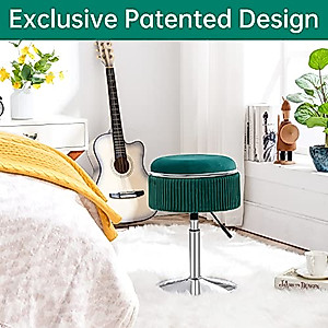 Round Storage Vanity Stool, 360°Swivel Height Adjustable Stool Chair, Emerald Vanity Stool Chair for Makeup Room, Velvet Stool for Vanity With Storage, Vanity Ottoman Chair for Bathroom Living Room