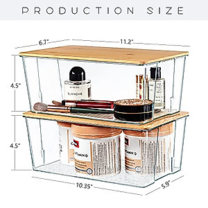 Hudgan Clear Storage Bins with Bamboo Lids, Medicine Cabinet Organizer Stackable Storage Containers with Lids for Pantry Organizers and Storage - 4 Pack