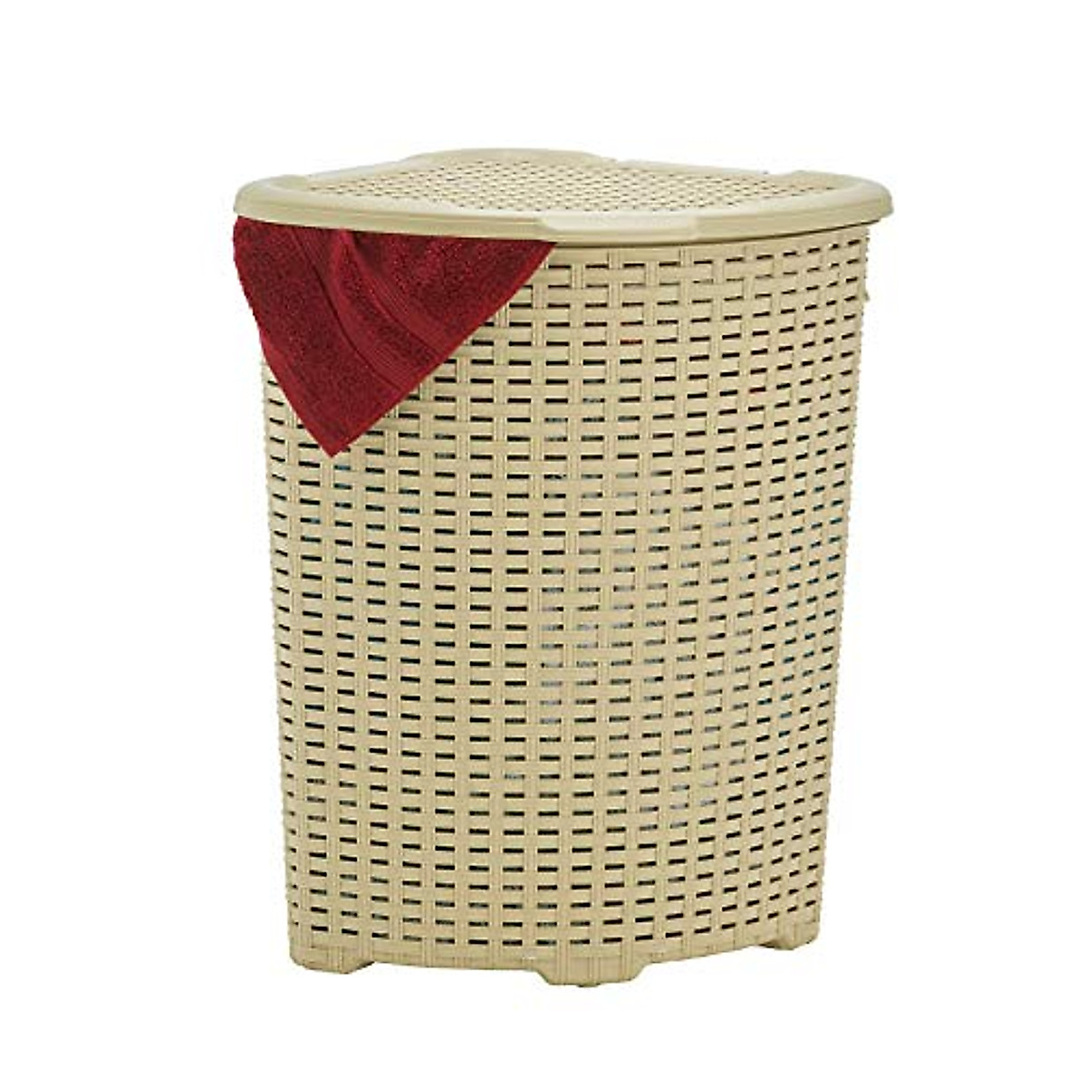 Superio Corner Laundry Hamper Basket With Lid 50 Liter, Beige Wicker Hamper - Durable, Lightweight Bin With Cutout Handles, Storage Dirty Cloths, Space Saver Curved Shape Design