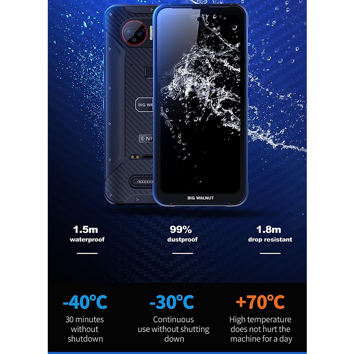 Big Walnut Rugged Smartphone, B1 Unlocked 5G Cell Phone with PTT Button, Android 12, IP68 Waterproof, 4GB+64GB, 8000mAh Battery, 64MP Main Cam,24MP Night Vision，120dB Loudspeaker, Dual SIM, NFC