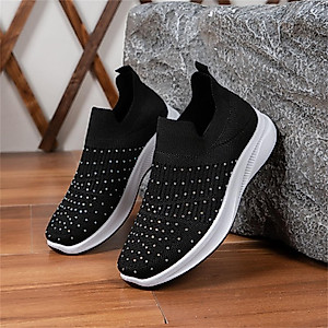 HINDOLA Women's Fashion Rhinestone Mesh Sneaker Knit Slip On Shoes Breathable Glitter Walking Shoes Ballroom Jazz Latin Dance Sock Sneakers Black