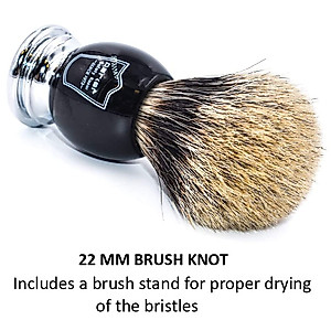 Parker Premium 3 Band Pure Badger Shaving Brush with Stand Included - Packaged in a Gift Box - Generate a Thick & Luxurious Lather with Your Favorite Shave Soap - Black & Chrome Handle
