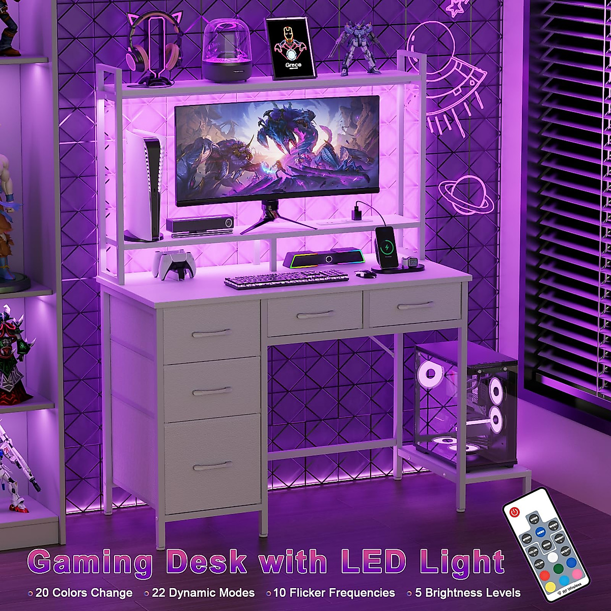 Korfile Computer Desk with Hutch, White Gaming Desk with Power Outlets & LED Light & 5 Fabric Drawers, Home Office Desk with 2 Tiers Storage Shelves for Display, 39" Small Table for Bedroom