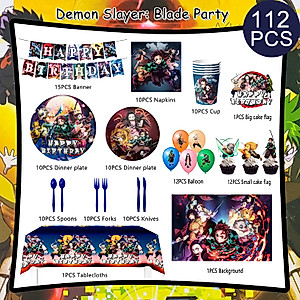 Demon Slayer Birthday Decorations,112pcs Demon Slayer Party Decorations&Tableware Set-Demon Slayer Birthday Banner Balloons Cake Topper Backdrop Plates Cups Tablecloth etc Demon Slayer Party Supplies