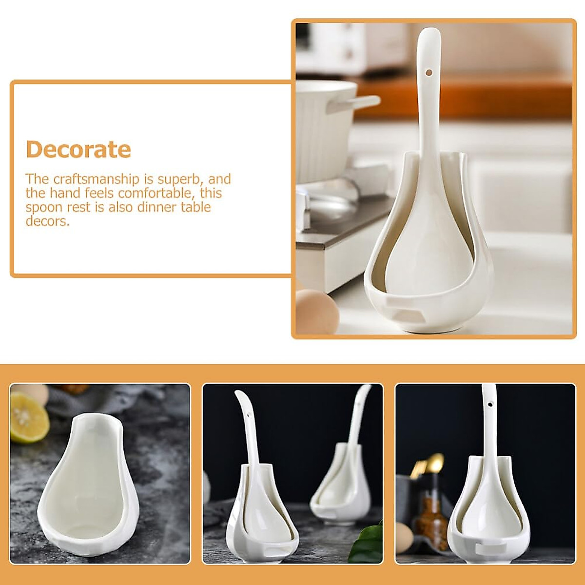 Luxshiny Hot Pot White Ceramic Soup Ladle with Rest Set Porcelain Big Ladle Spoon Asian Soup Tureen Spoon Flatware for Stews Gravy Sauce Soup Spoon Stand