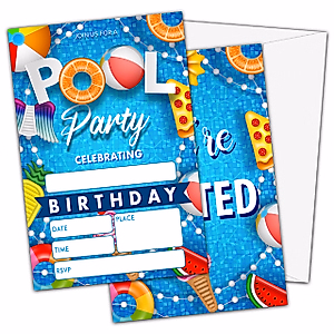 TIRYWT Pool Party Birthday Invitations with Envelopes(20-Pack), 4"x6" Fill-In Style Summer Swimming Pool Birthday Party Invites -A01