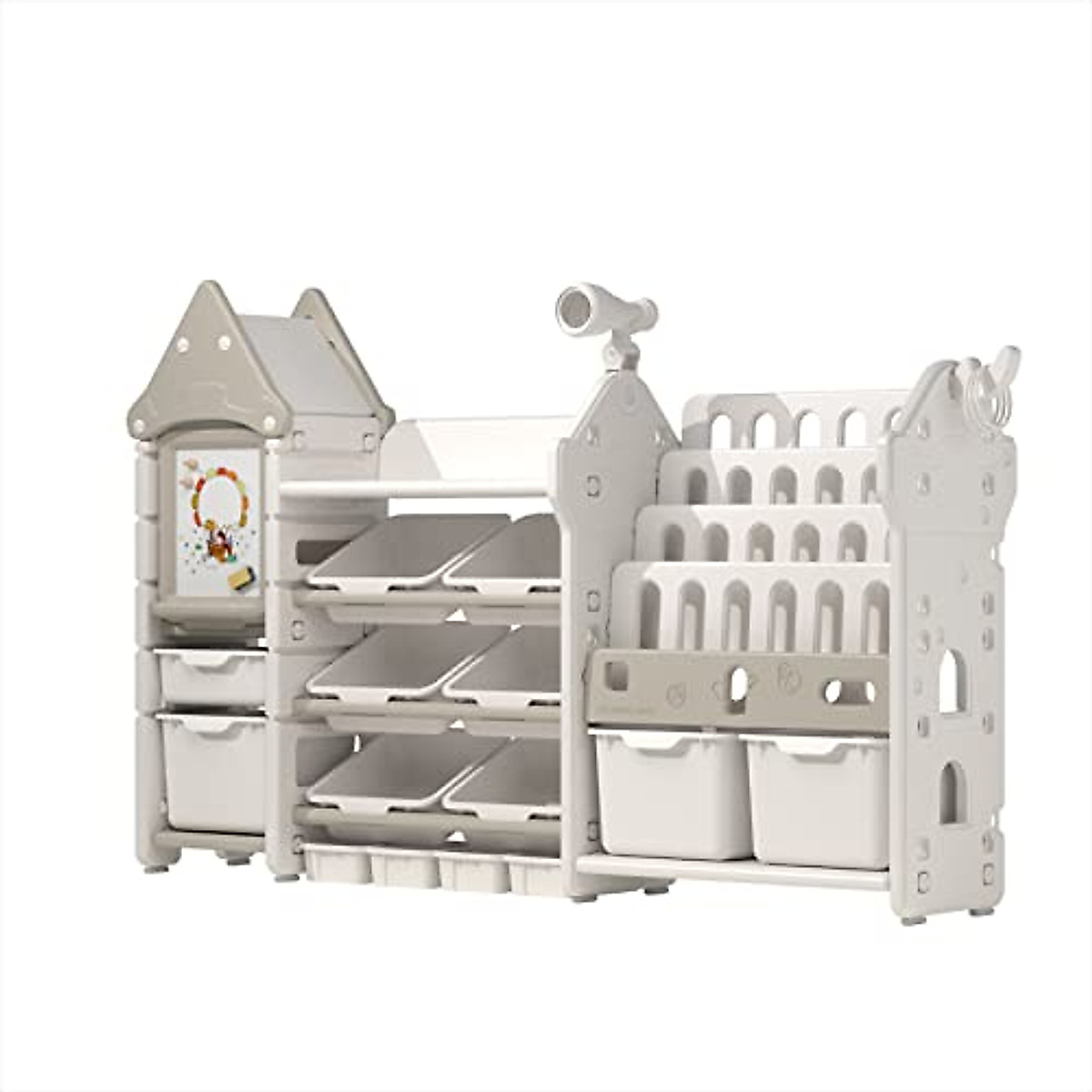 UNICOO - Kids Toy Storage Organizer and Children Bookshelf, with 14 Bins, Pull-Out Drawers Multipurpose Shelf for Toddlers to Organize Toys and Books (Magic Castle – White)