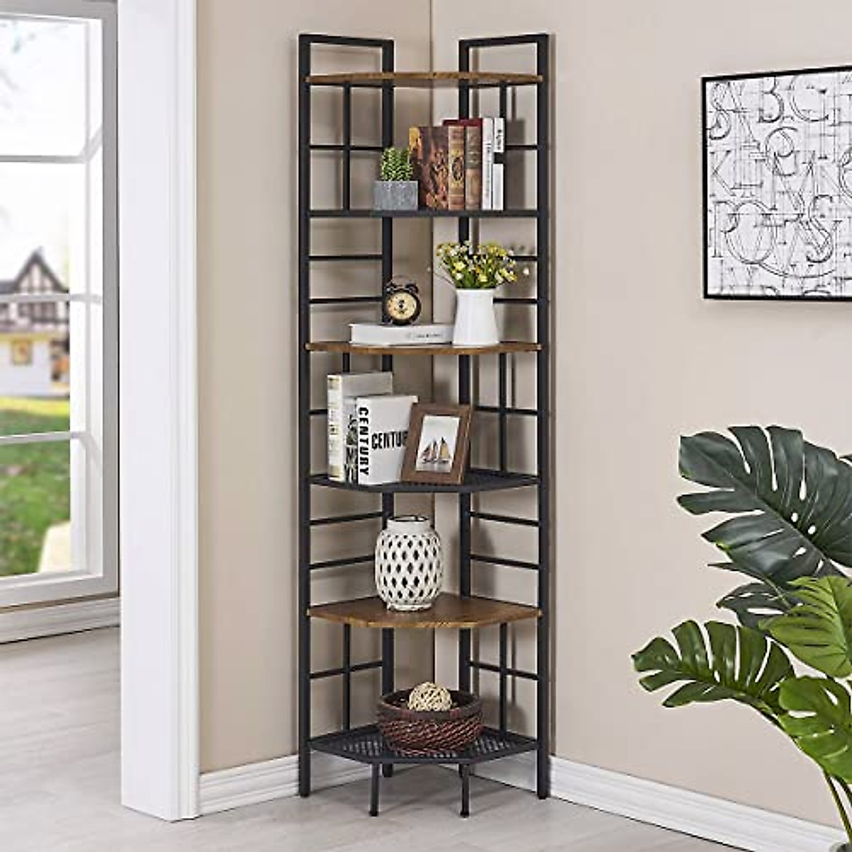 HOMISSUE 6 Tier Industrial Corner Shelf Unit, 76.9” Tall Corner Bookcase Storage Display Organizer Storage Stand for Home Office