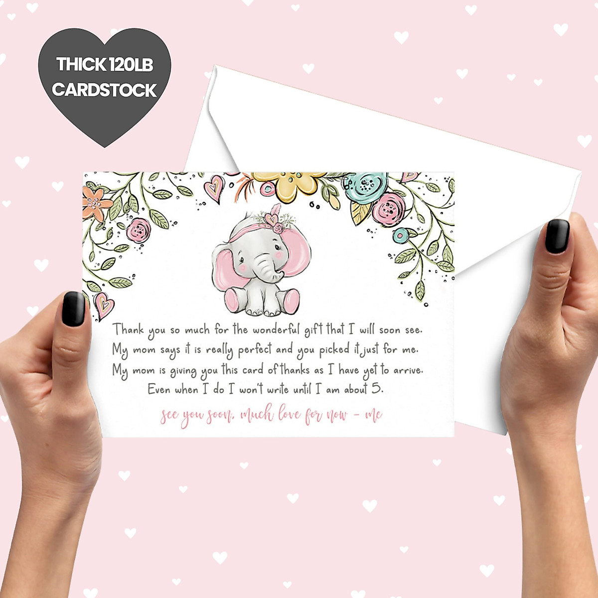 Paper Clever Party Cottage Elephant Baby Shower Thank You Cards with Envelopes - 25 Pack - Pink Floral 4x6 Blank Notes with Prefilled Message from Baby Girl - Personalizable Space for Customization