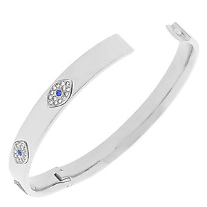 My Daily Styles Stainless Steel White Blue CZ Hamsa Good Luck Bangle Bracelet, 7.5" (White/Evil Eye)
