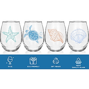 Ocean Themed Stemless Wine Glasses, Set of 4 Seashore Glassware - Sea Turtle, Starfish, Seashell, Conch Shell Assortment, Gifts for Coastal Beach Sea Lovers, Birthday Gifts for Women Best Friends Gift