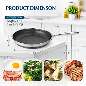 Dingerkit Frying Pans Nonstick, 11” Hybrid Stainless Steel Non Stick Frying Pans for Kitchen and Camping - Nonstick Cookware - Dishwasher and Oven Safe Skillet for Induction Gas Ceramic.