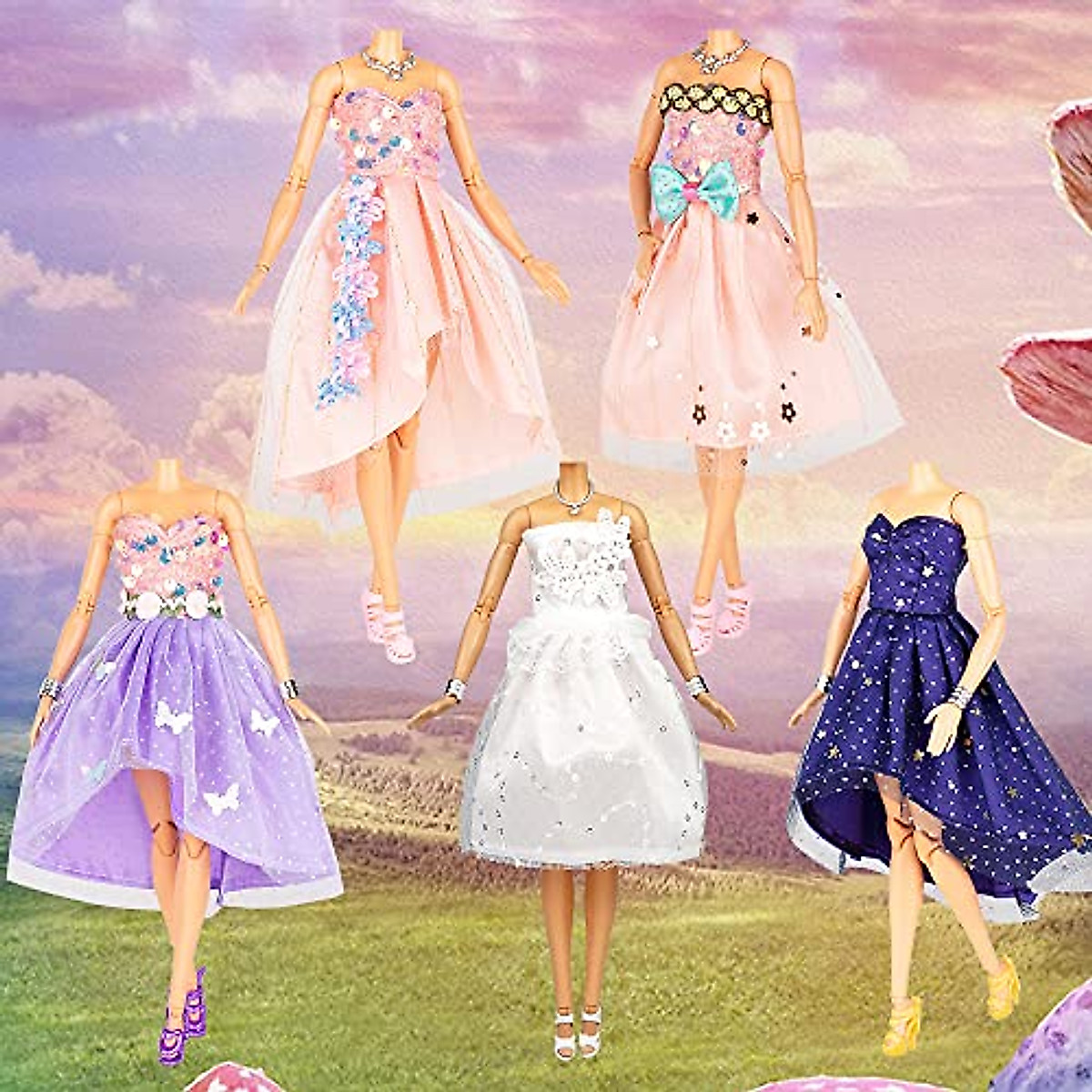 Doll Clothes and Accessories 39 Pack, 2023 Newest Unique & Fashion Forest Fairy Dress for Dolls, 10 Fairy Dress, 10 Mini Dress and 9 Accessories, 10 Shoes
