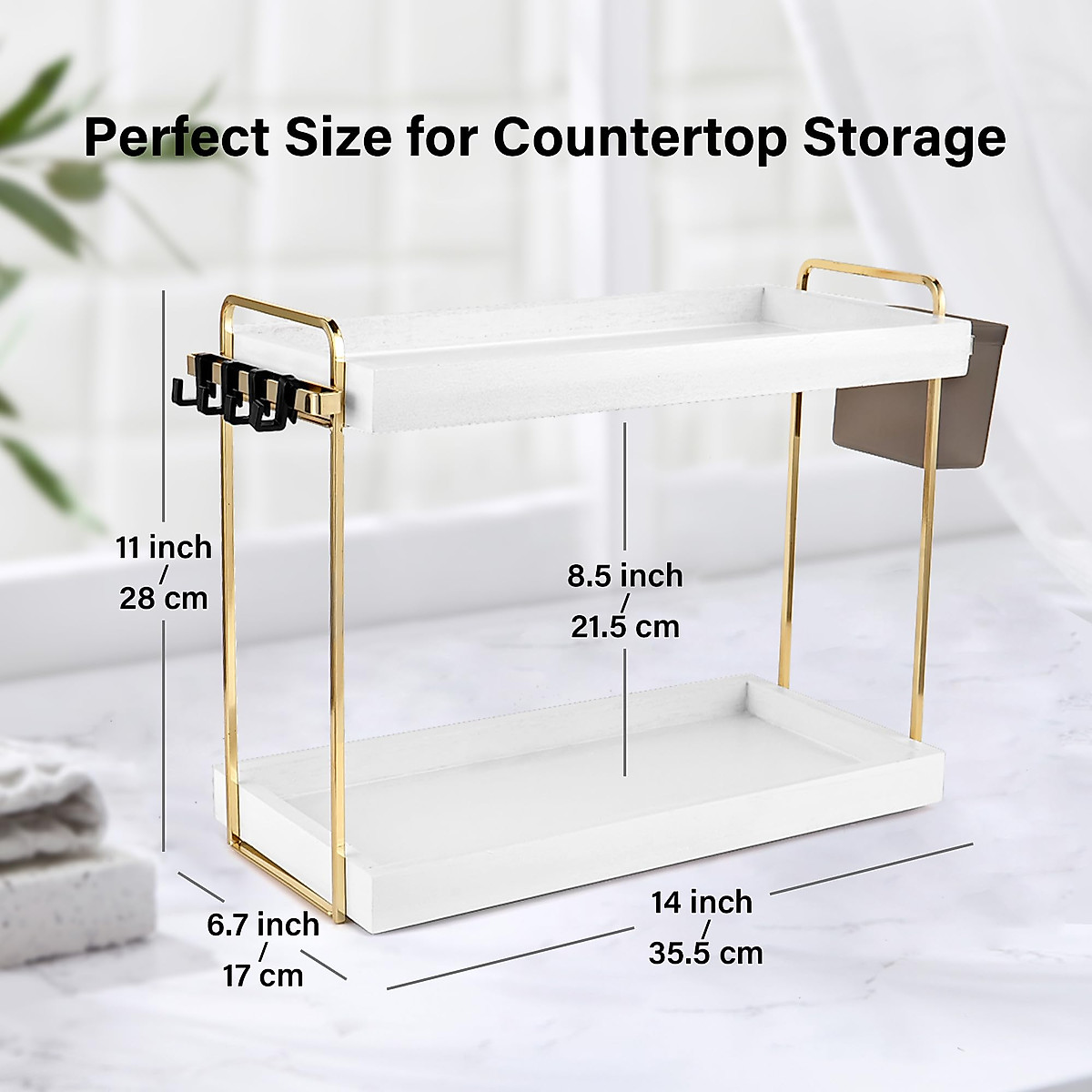 2-Tier Bathroom Counter Organizer, Countertop Perfume Tray and Vanity Organizer, Cosmetic Organizer Countertop, Wood Tray for Kitchen Counter Storage, Bathroom and Skincare Organization - White