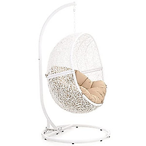 Zuri Furniture Modern Shore White Basket Swing Chair Khaki Cushion with Stand