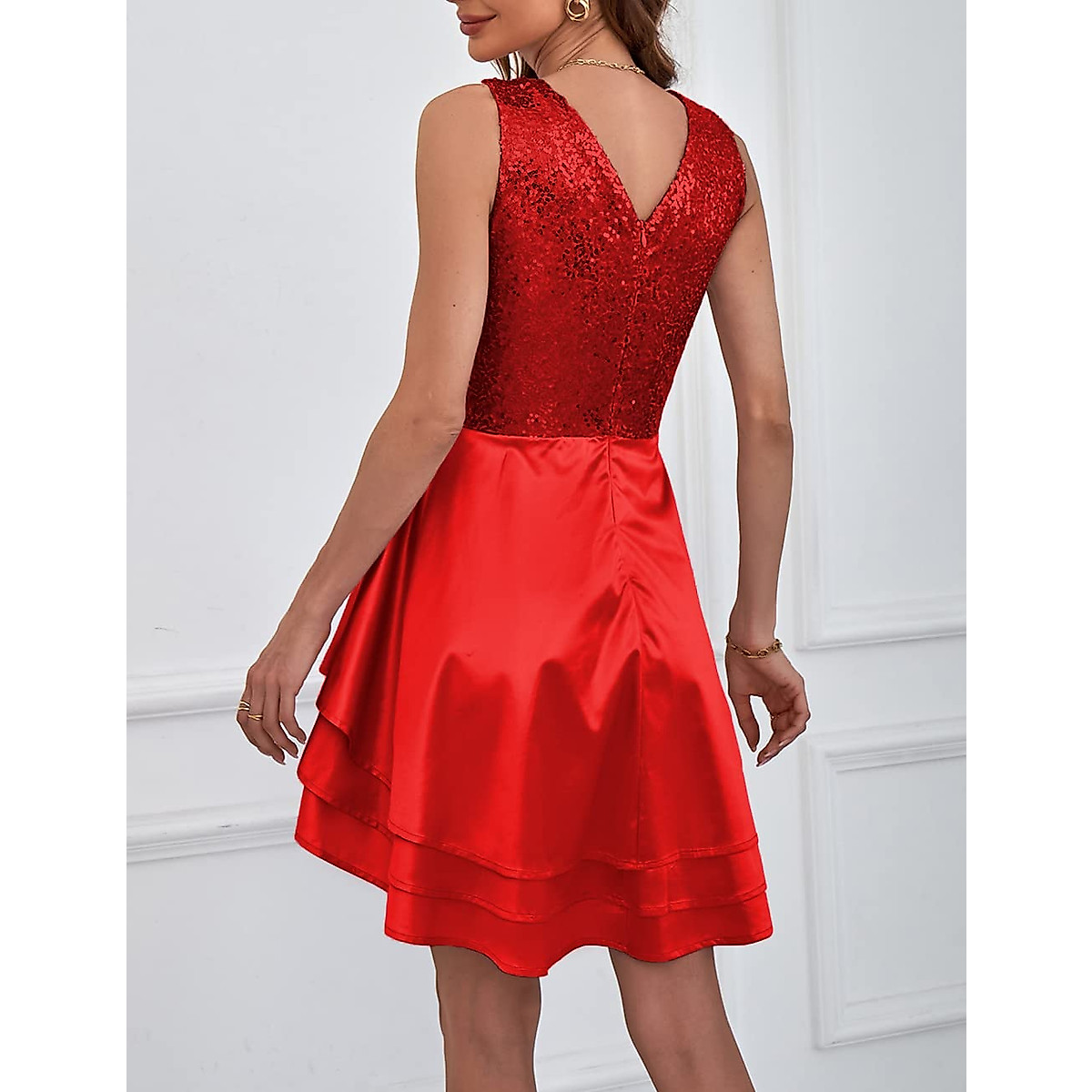 Lrady Women's Sequin Glitter V Neck Skater Mini Club Cocktail Party Swing Dress, Red, Medium