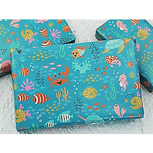 Ocean Themed Birthday Wrapping Paper For Kids Girls Boys, Under the Water Animal Coastal Design Gift Wrap Paper for Birthday Baby Shower Children's Day, 4 Sheets Folded Flat 20x28 Inches Per Sheet