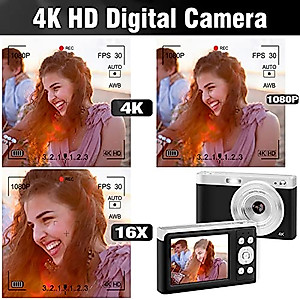 Suvony Digital Camera,4K Digital Camera for Photography & Vlogging,50MP Rechargeable Mini Camera with 32GB SD Card and 2 Batteries,16X Digital Zoom and Autofocus Compact Camera for Teens, Kids,Elder