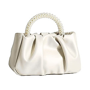 Beatfull Evening Purse Women Pearl Handbags Soft Leather Ruched Bag Bridal Clutch for Wedding Party Prom Crossbody Purses White
