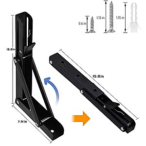 AUTOHJ Folding Shelf Brackets - 16 Inch 2 Pcs Heavy Duty Stainless Steel Collapsible Triangle Shelf Bracket, DIY Wall Mounted Folding Table Hinge, Space Saving for Bench Table with Screws