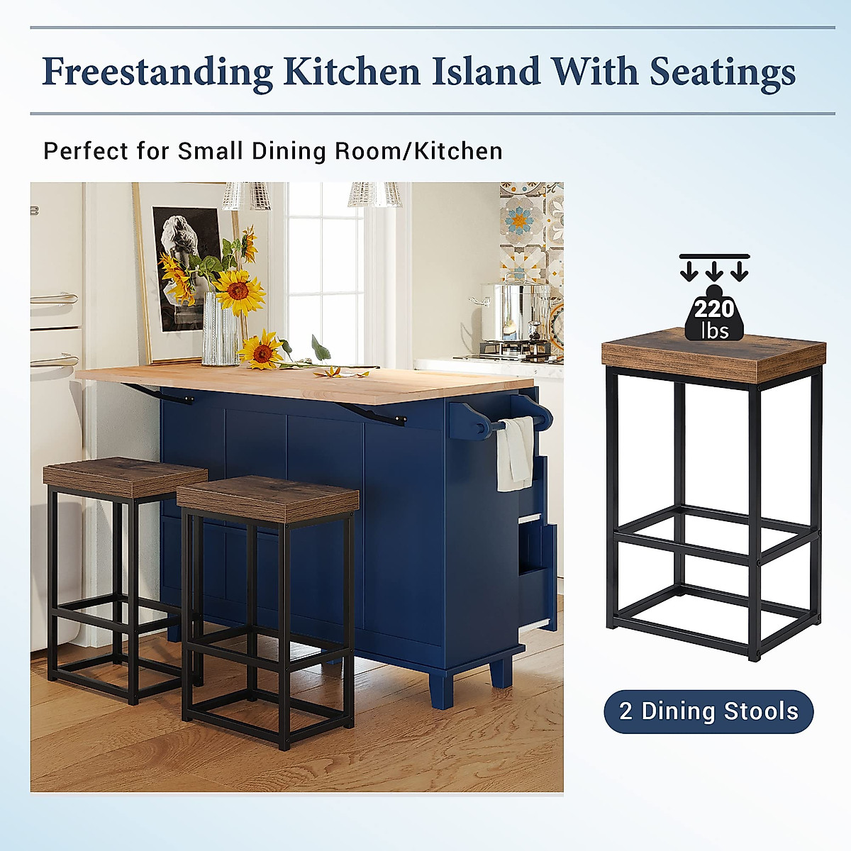 Merax Kitchen Island Set with 2 Stools, Solid Wood Dining Table with Drop Leaf Design, Storage Cabinet, Drawers and Towel Rack, Blue