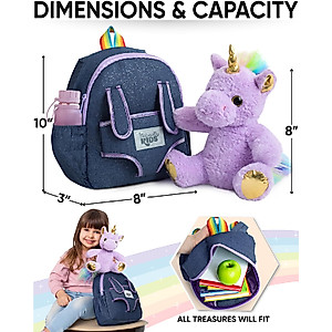 Naturally KIDS Small Unicorn Backpack - 3 - 4 Year Old Girl Gifts - Toddler Backpack for Girl Boy w Stuffed Animal - Toys for 3 Year Old Girls - w Pockets & Reflective Logo - Backpack w Purple Unicorn
