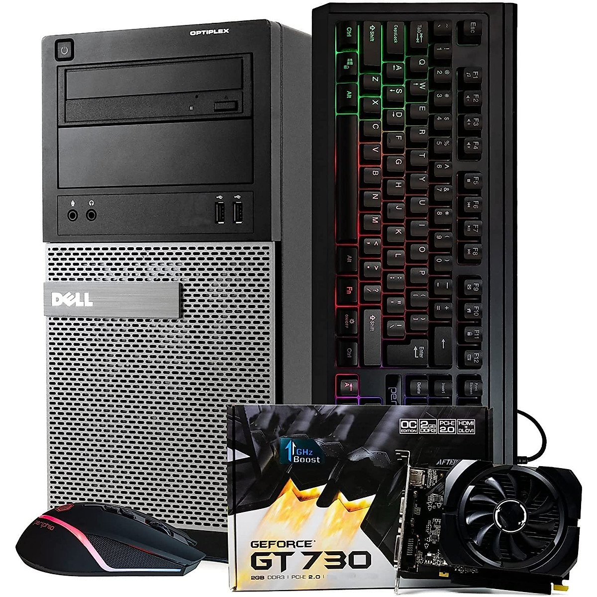 Dell Gaming PC Tower, Intel i5, 16GB RAM, 128GB SSD 500GB HDD, Windows 10, Nvidia GT 730 2GB, New RGB Gaming 4-in-1 Bundle (Renewed)