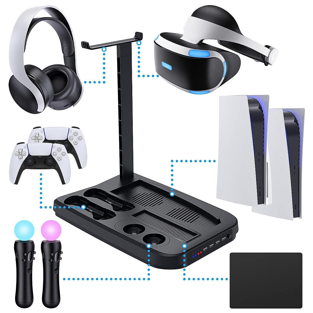 Charging Display Stand Compatible with PS5 VR, Vertical Stand with Cooling Fan Compatible with PS5 DE/UHD Storage Bracket Charger Station Compatible with PS5/PS5 VR Move Controller with 4 USB Hub