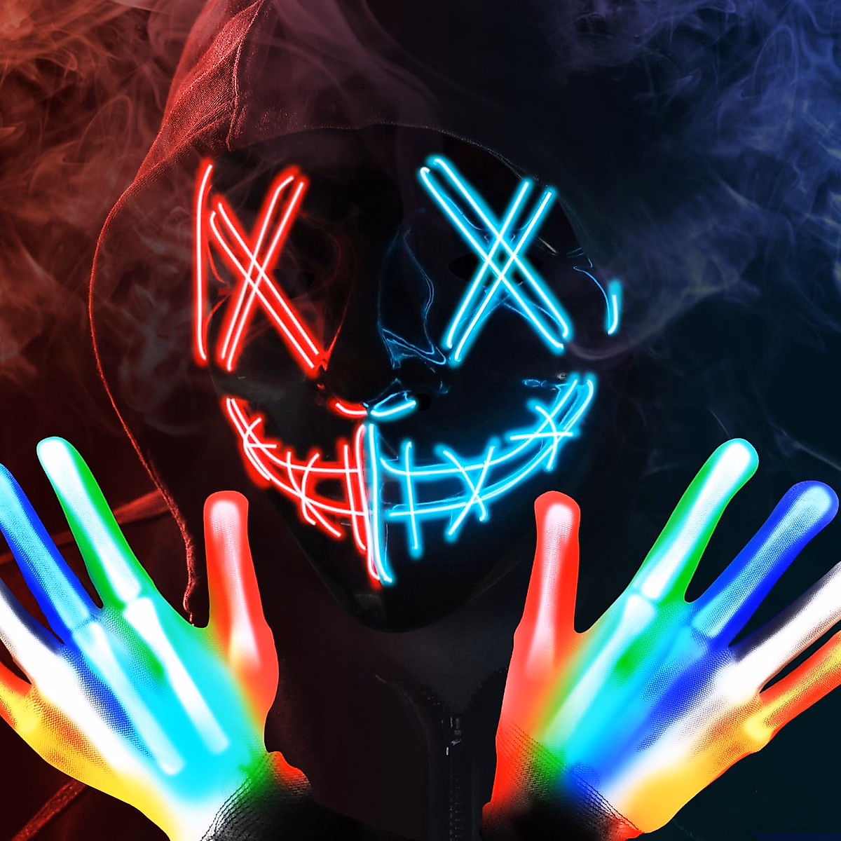 OWill Halloween Mask Set,LED Purge Mask with Gloves,3 Modes Light Up Creepy Mask,Halloween Costumes Cool Mask for Men Women Kids（Red&Blue）