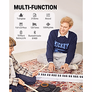 Donner 61-Key Folding Bluetooth Keyboard Piano for Beginners, Portable Piano Keyboard with Music Rest, Bag, Pedal, and App - White